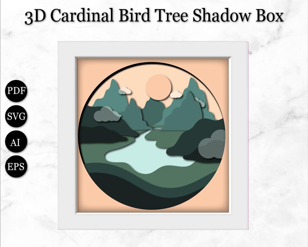 3D Shadow Box - Mountain Lake Sunset, Laser Cut SVG Template (digital ...