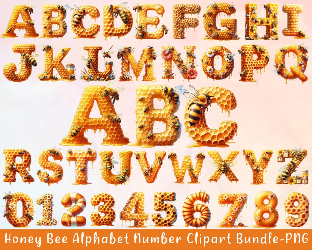 Honey Bee Clipart Alphabet: Bumble Bee Letters, Numbers (PNG Digital ...