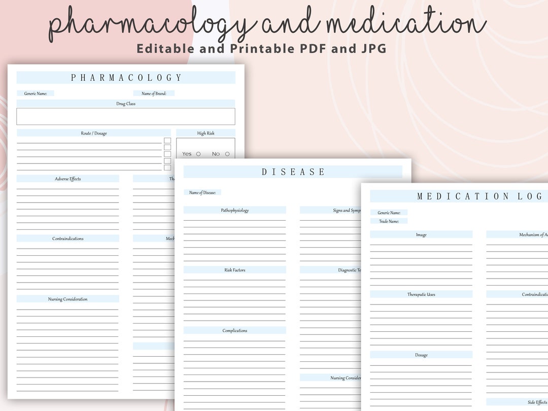 Pharmacology Disease and Medication Log Editable, Pharmacology Template ...
