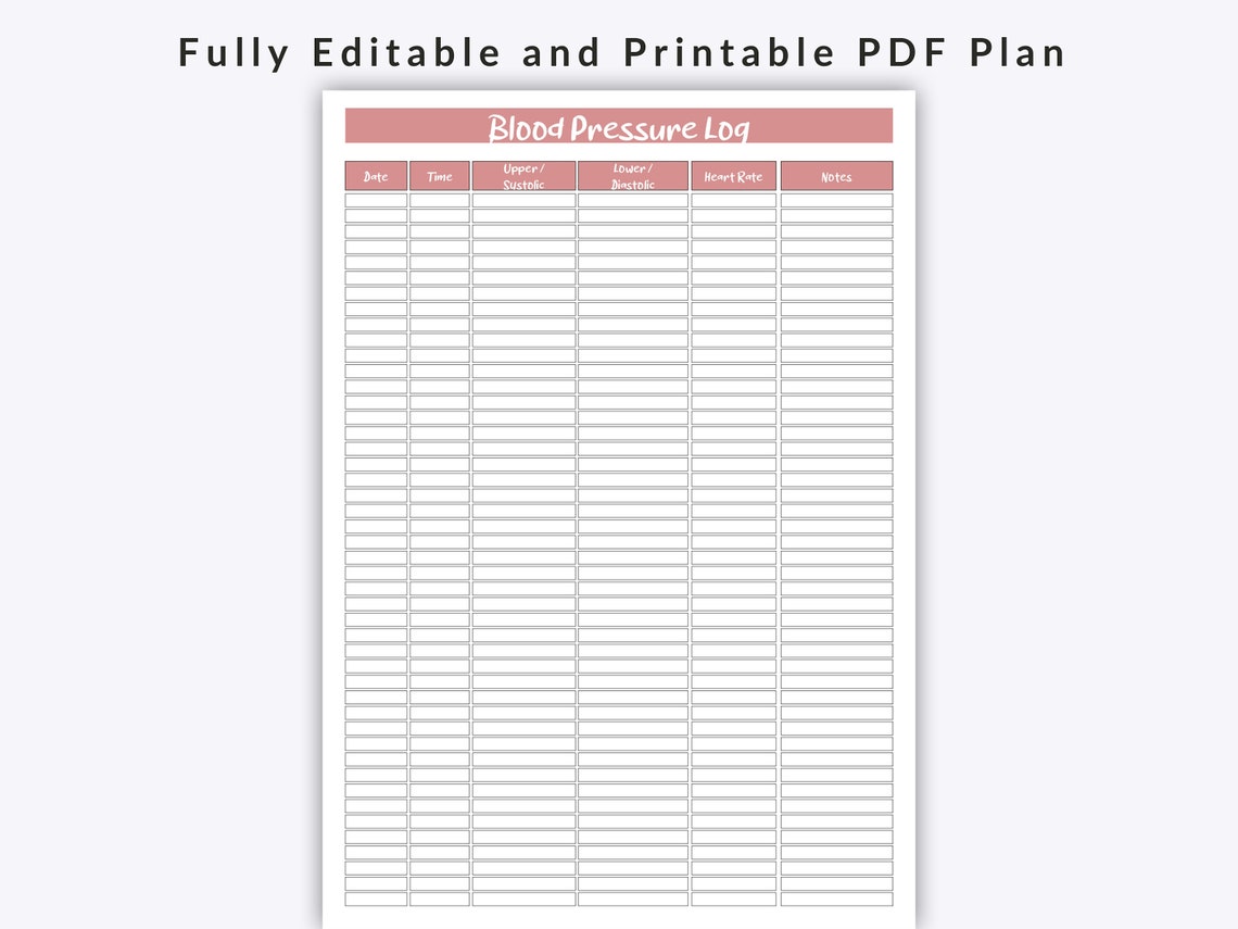Blood Pressure Log Editable Printable, Monthly Blood Pressure Tracker ...