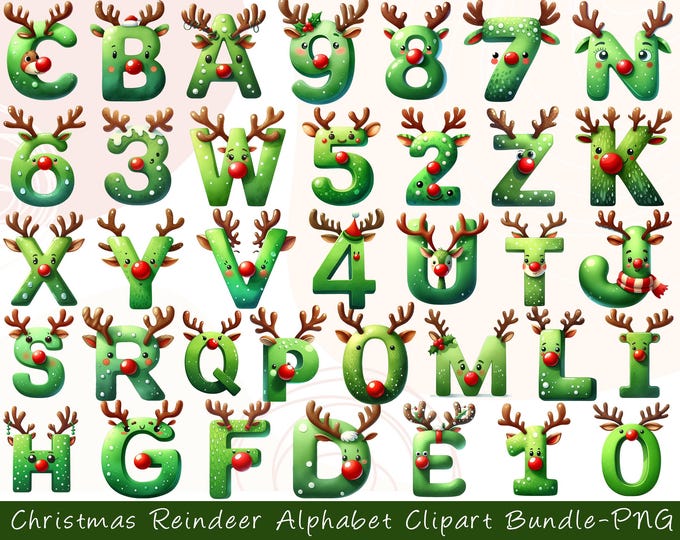 Christmas Reindeer Alphabet Clipart: A-Z Letters, 0-9 Numbers (PNG ...
