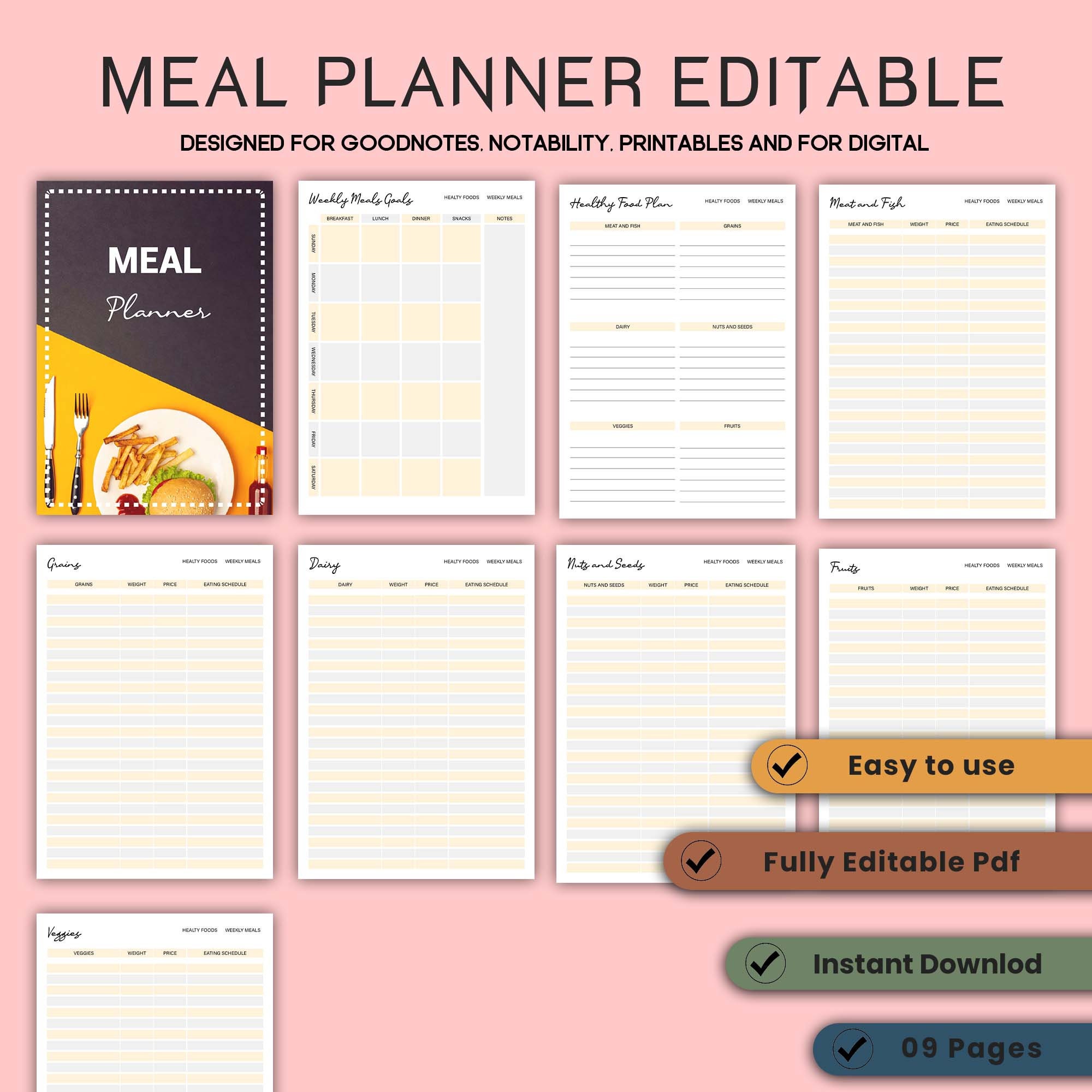 Comprehensive Editable Meal Planner, Weekly Meal Menu Planner, Food ...