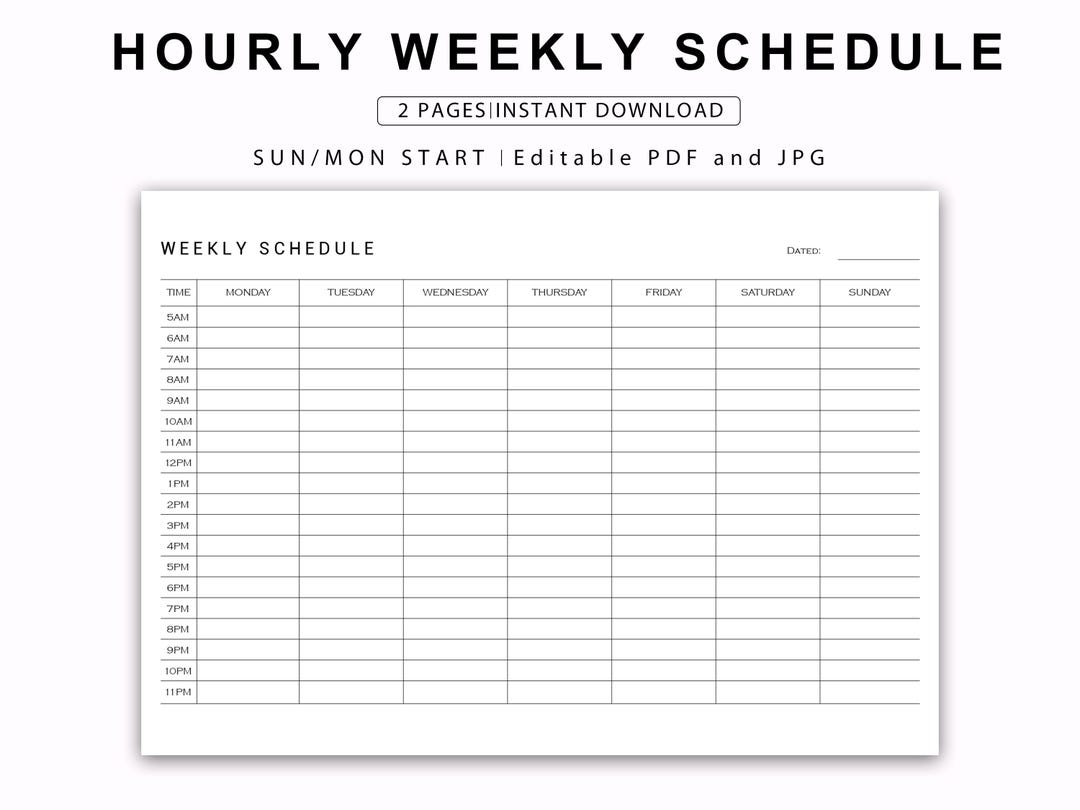Hourly Weekly Schedule Landscape, Printable Weekly Planner, Week at a ...