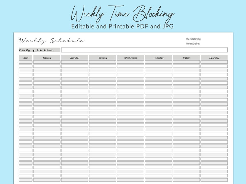 Weekly Time Blocking Planner, Weekly Time Block, Weekly Time Sheet ...