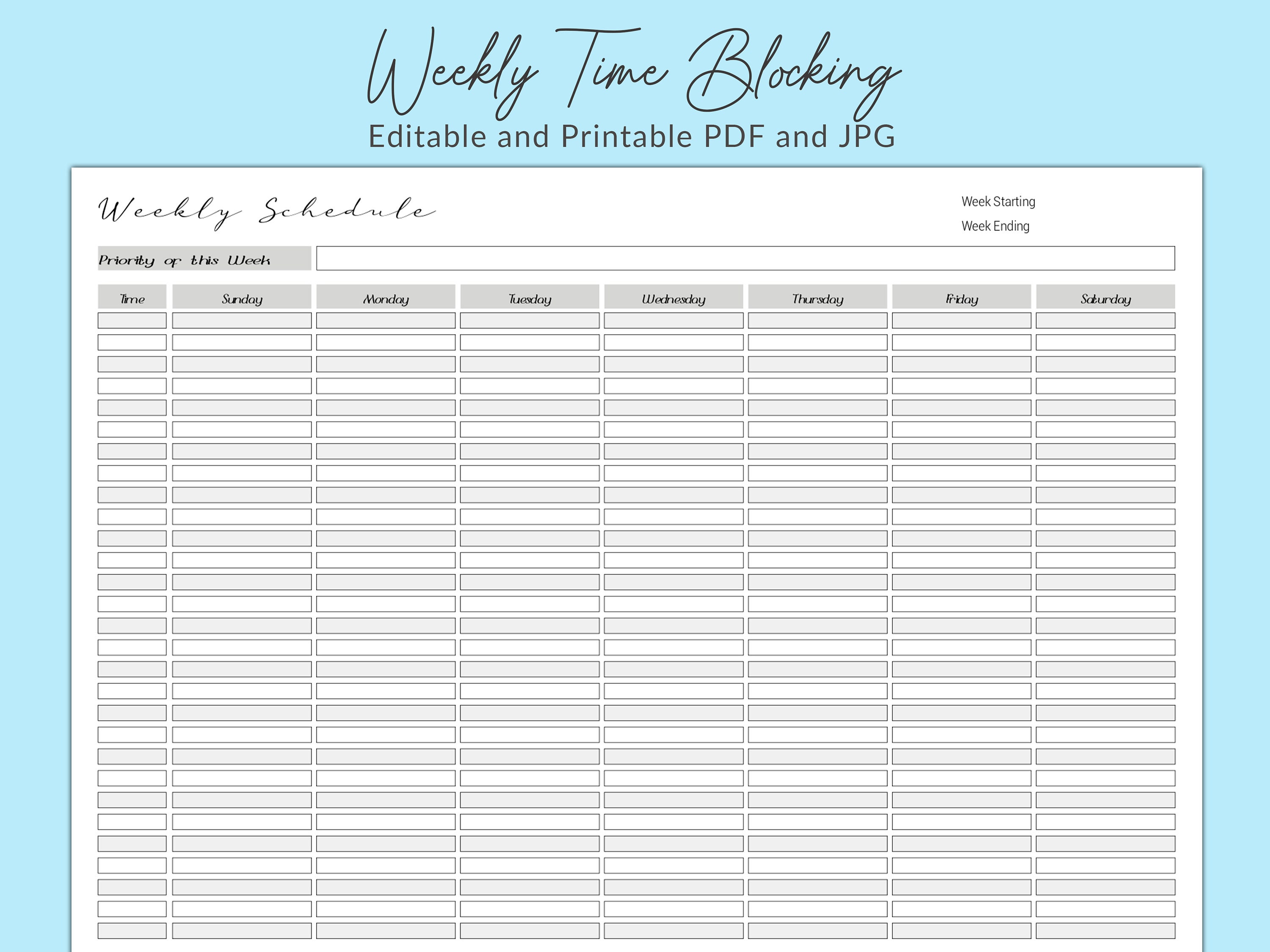 Weekly Time Blocking Planner, Weekly Time Block, Weekly Time Sheet ...