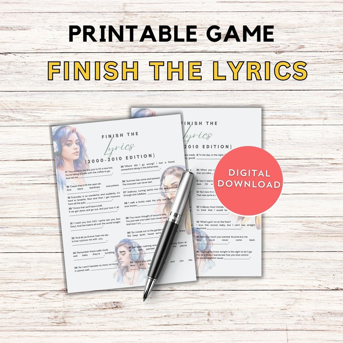 Finish the Lyrics Game, Guess the Lyrics Printable Game, Song Challenge ...