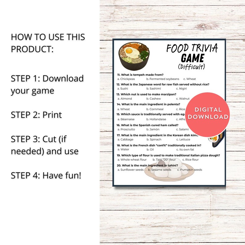 Difficult Food Trivia Game Printable | Food Trivia Sheet US Letter ...