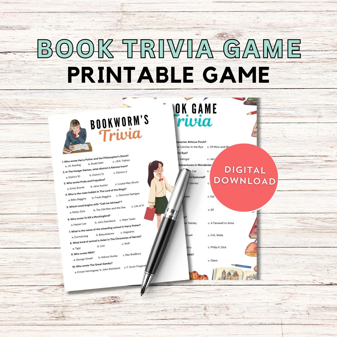 Book Trivia Game | Printable Book Quiz | Book Party Trivia Game | Book ...