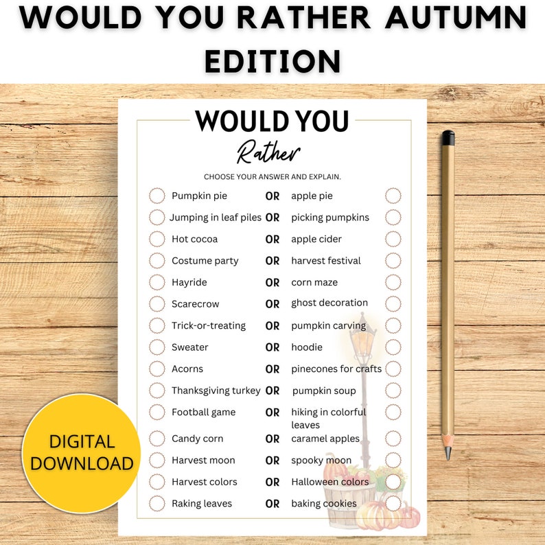 Would You Rather Question Game for Kids Autumn Theme | Printable Game ...