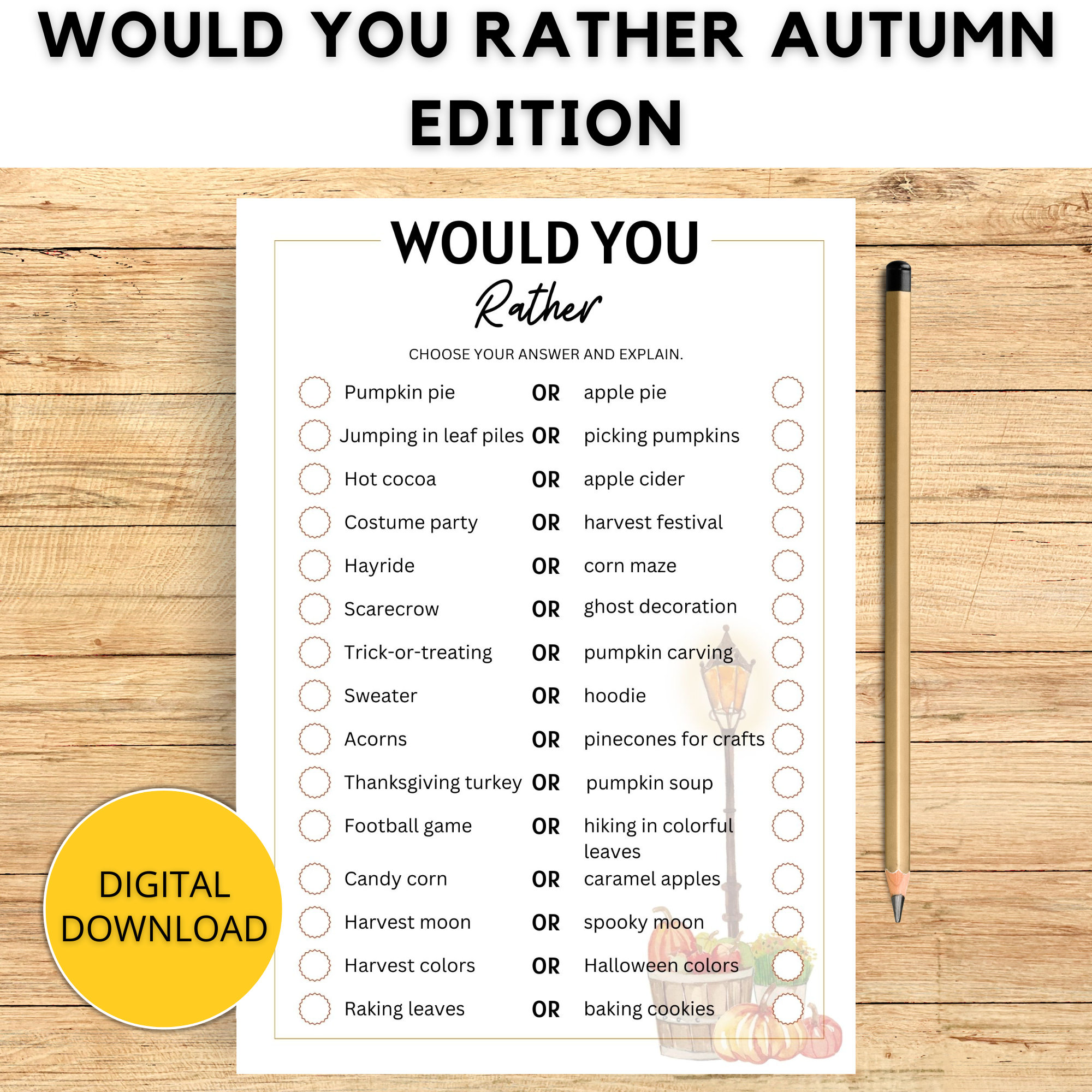 Would You Rather Question Game for Kids Autumn Theme | Printable Game ...
