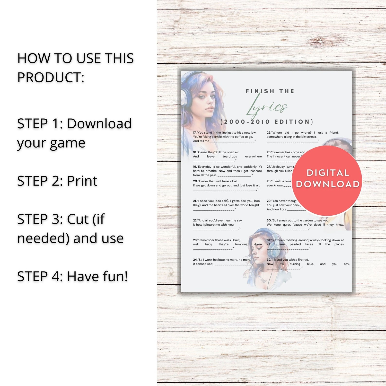 Finish the Lyrics Game, Guess the Lyrics Printable Game, Song Challenge ...