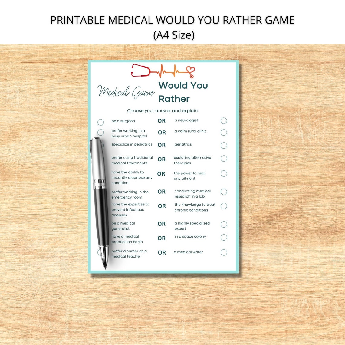 Medical Game Printable Would You Rather | Party Game for Nurses Doctors ...