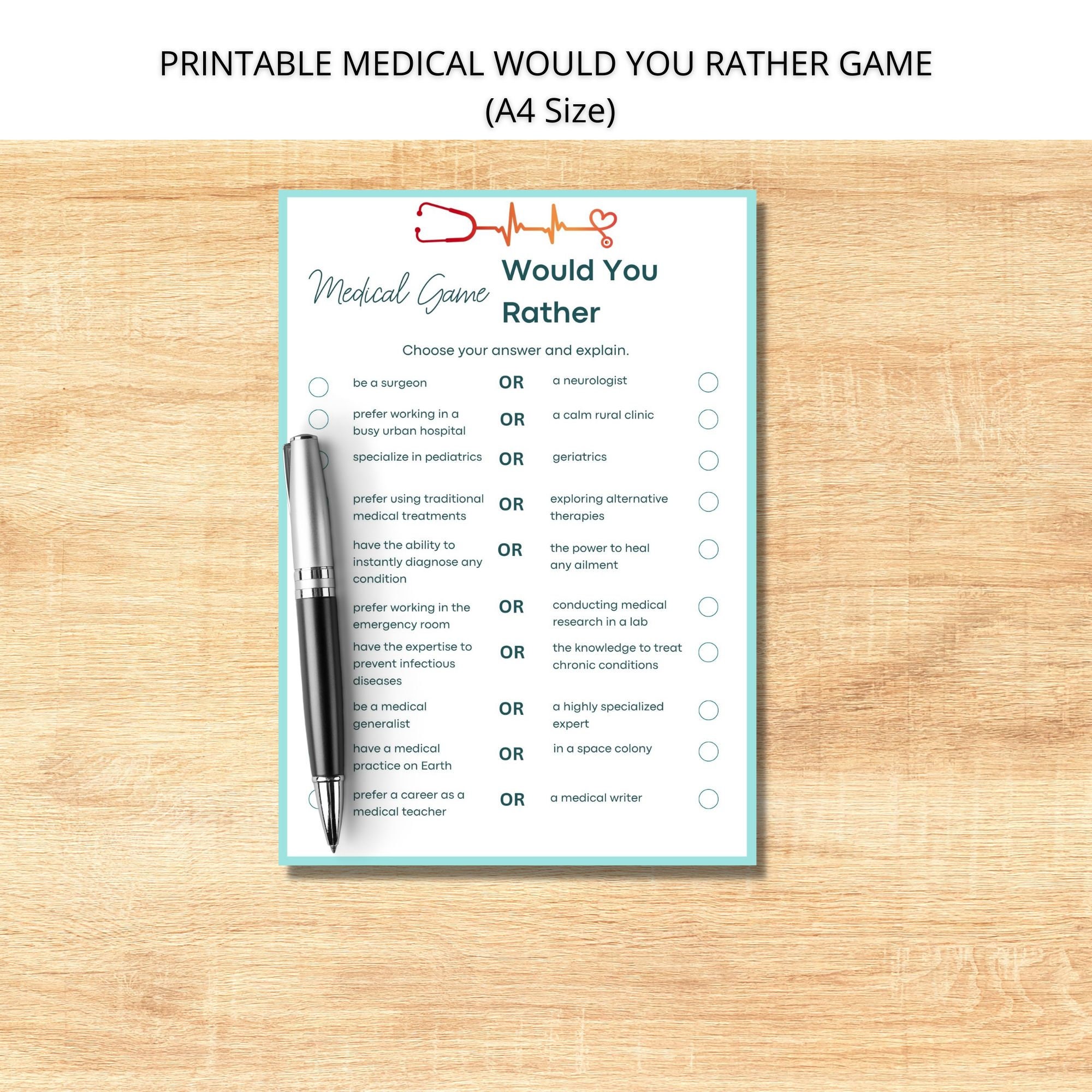 Medical Game Printable Would You Rather | Party Game for Nurses Doctors ...