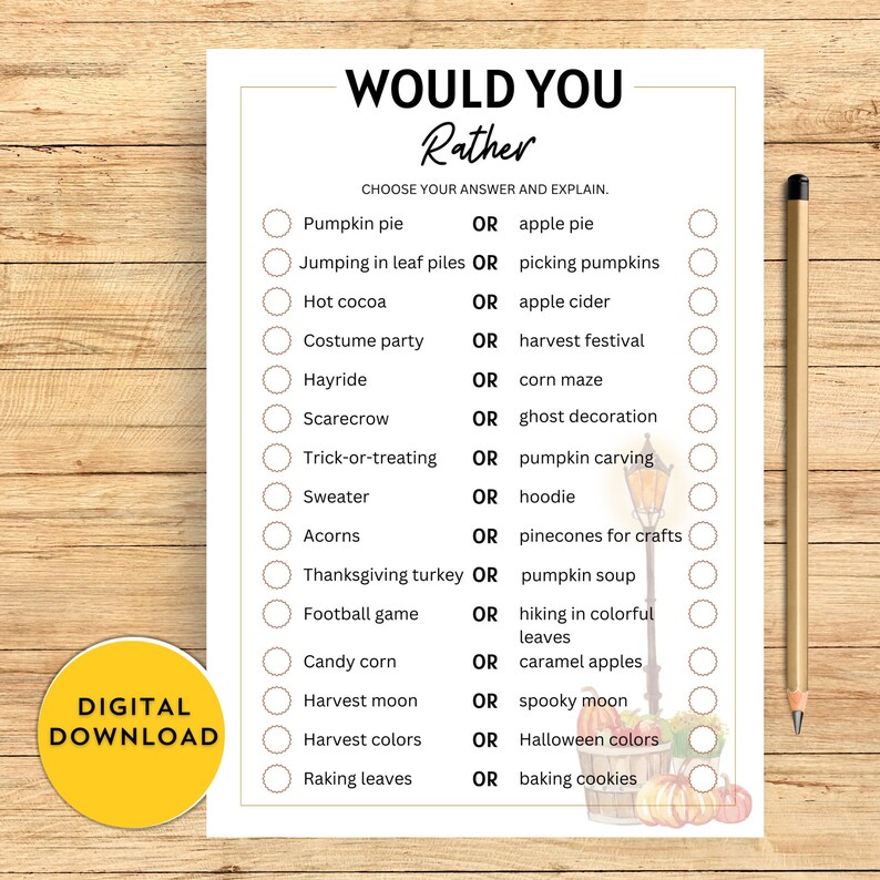 Would You Rather Question Game for Kids Autumn Theme | Printable Game ...
