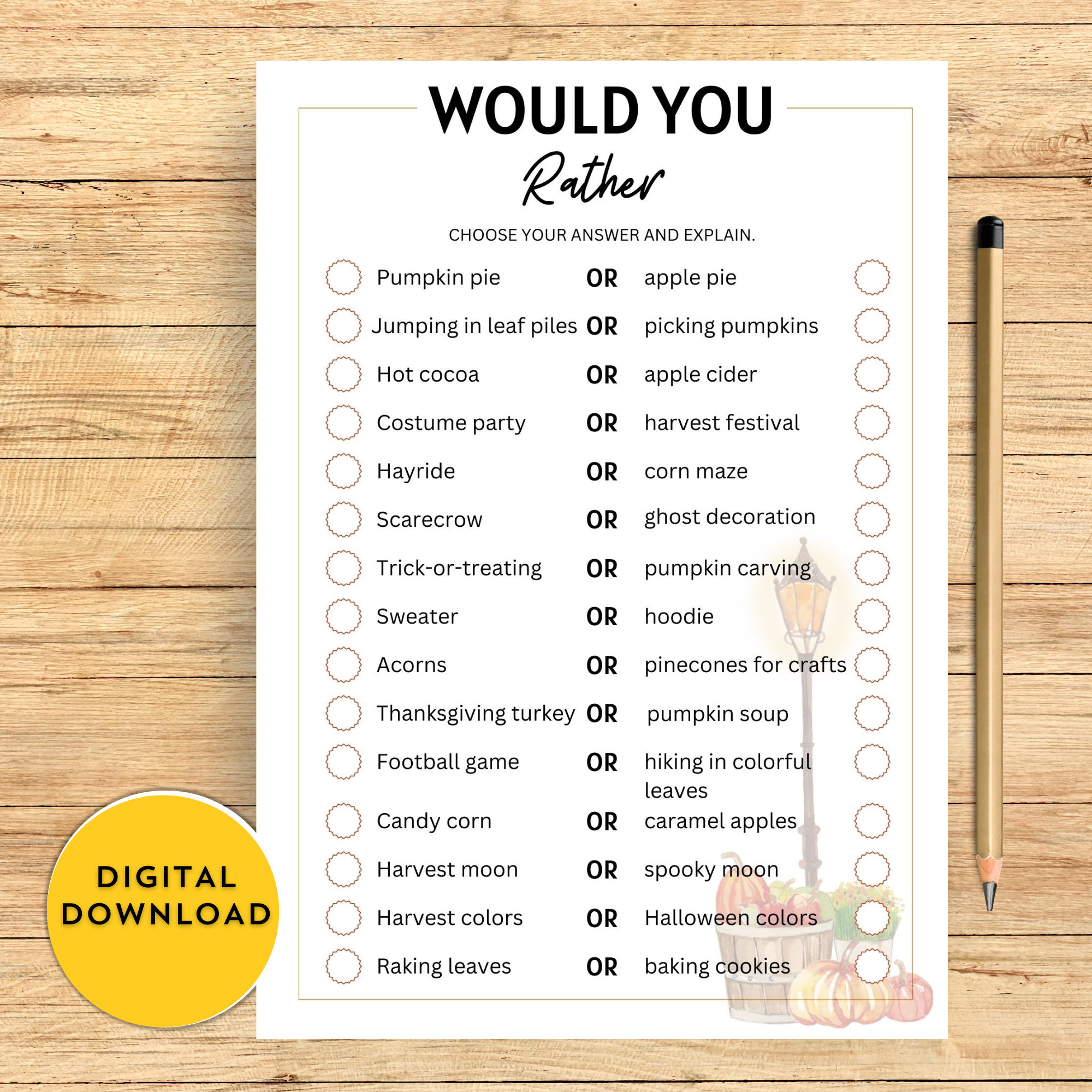 Would You Rather Question Game for Kids Autumn Theme | Printable Game ...