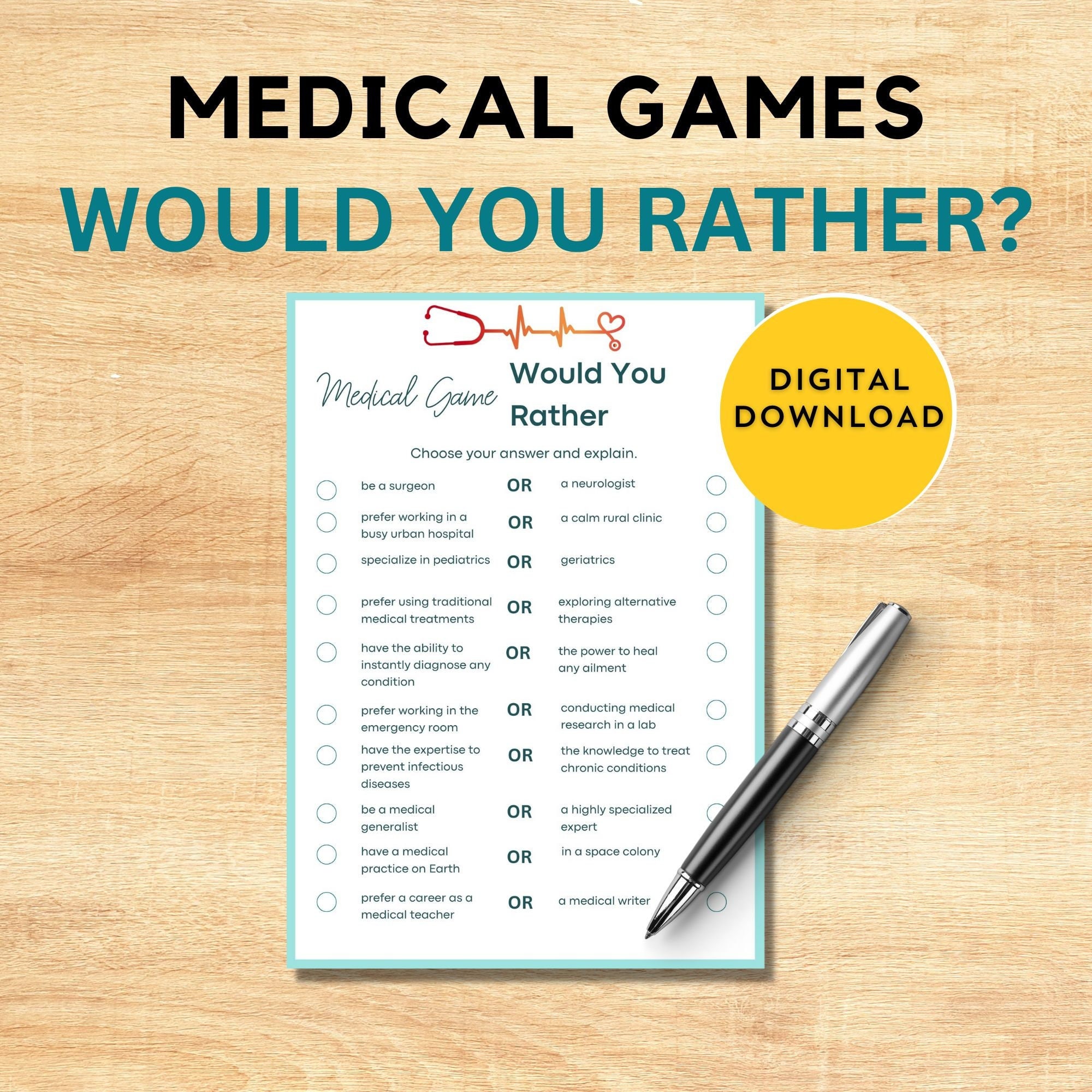 Medical Game Printable Would You Rather | Party Game for Nurses Doctors ...