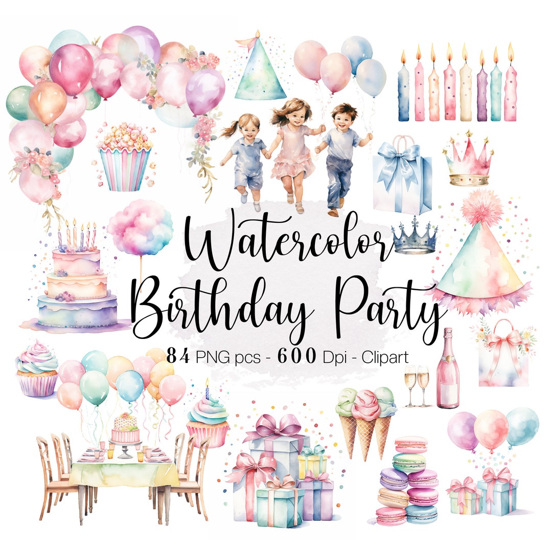 Birthday Party Watercolor Clipart Big Bundle of 84 Pcs in PNG Format ...
