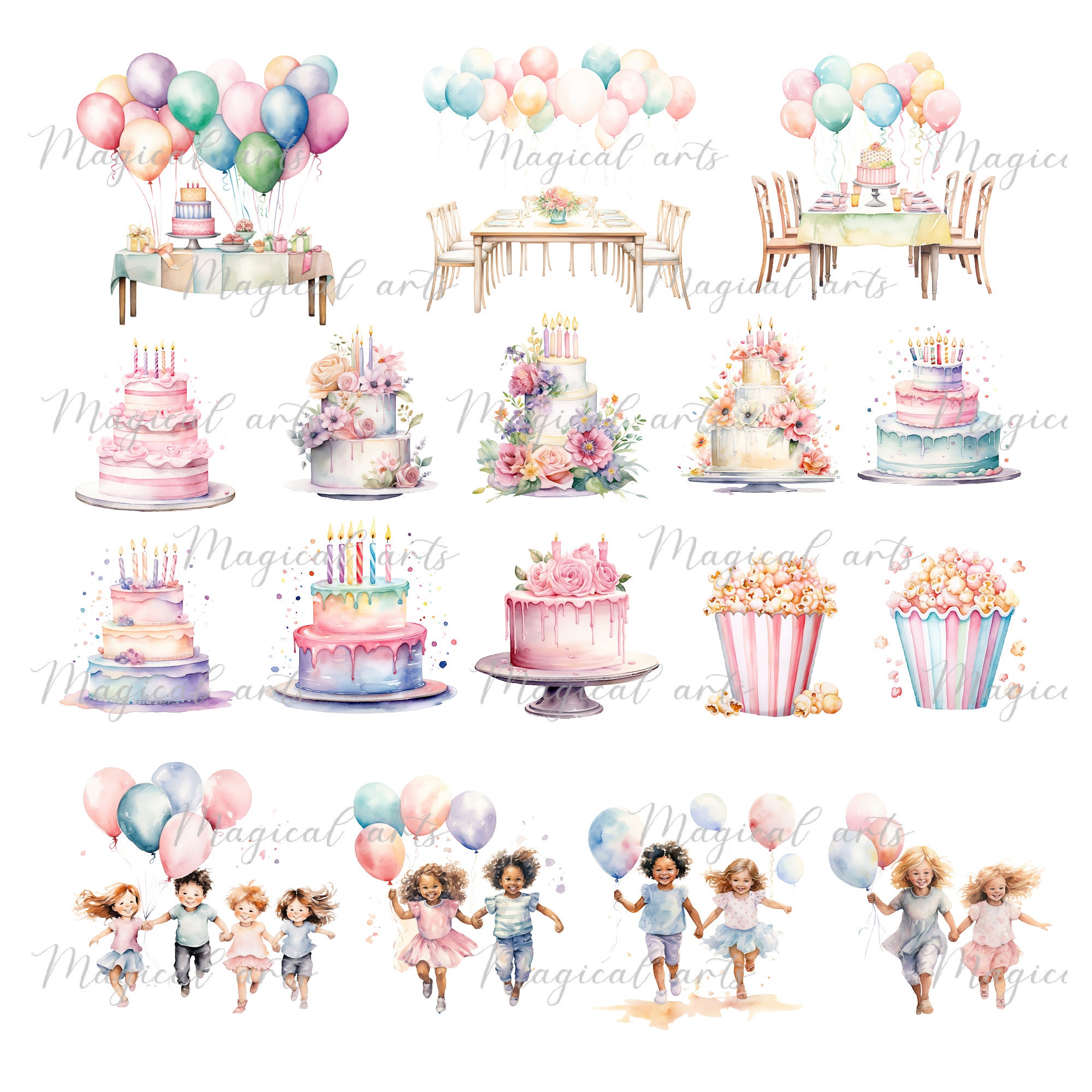 Birthday Party Watercolor Clipart Big Bundle of 84 Pcs in PNG Format ...