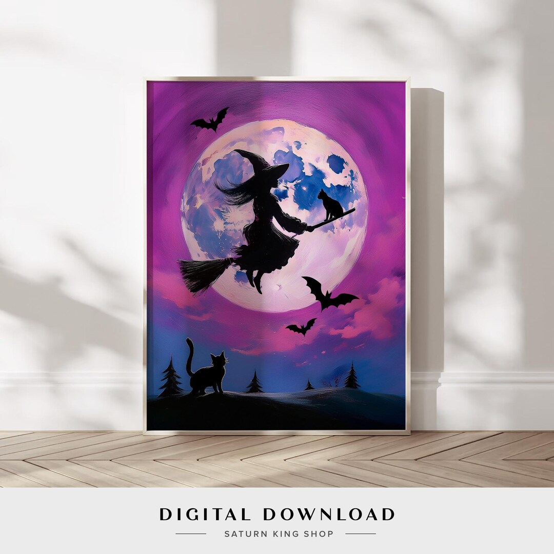 Halloween Witch Flying With Broom in Moonlight Spooky Night Black Cat ...