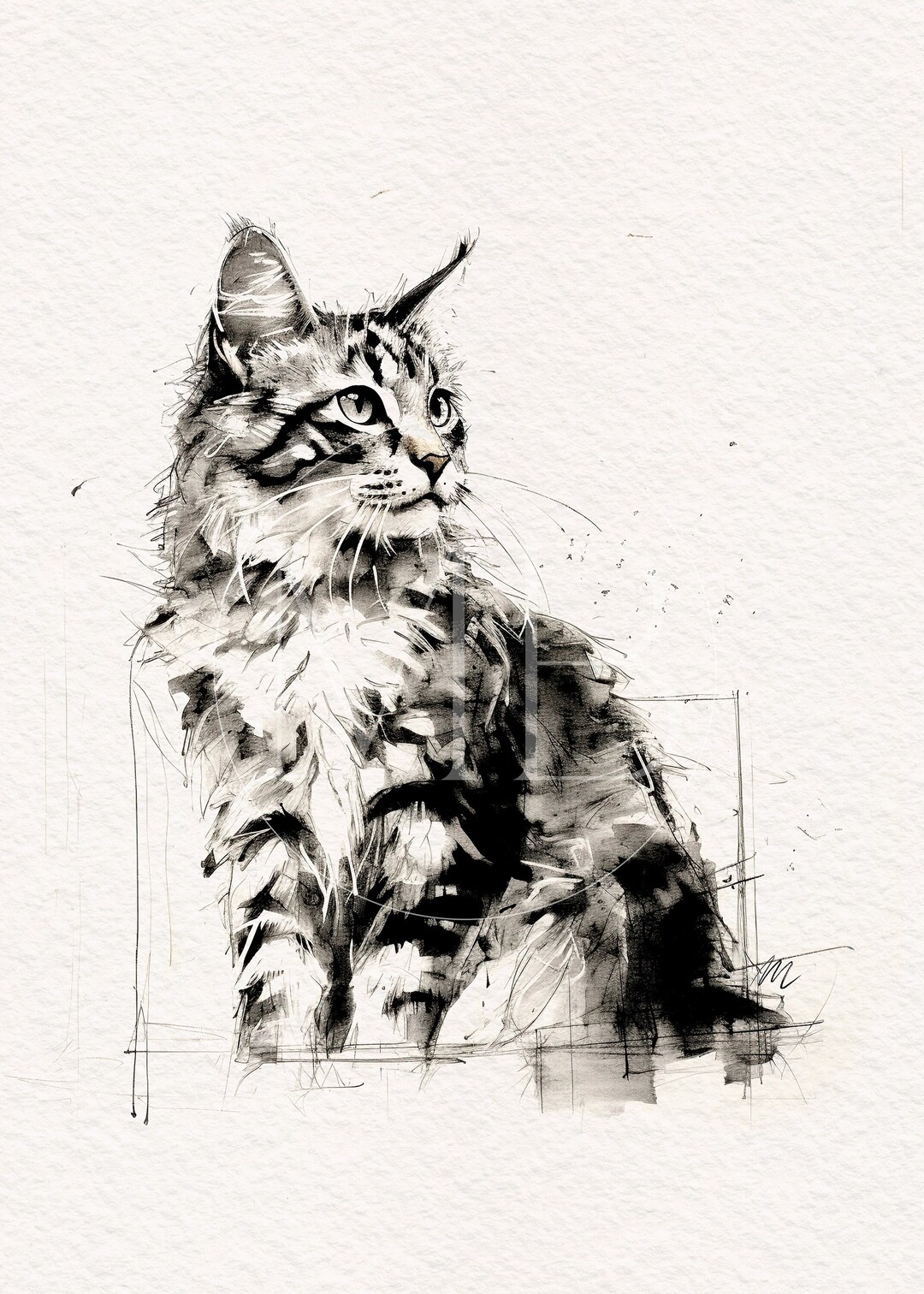 Kitten in Ink, Cat Art, Kitten Printable Art, Printable Cat Drawing ...