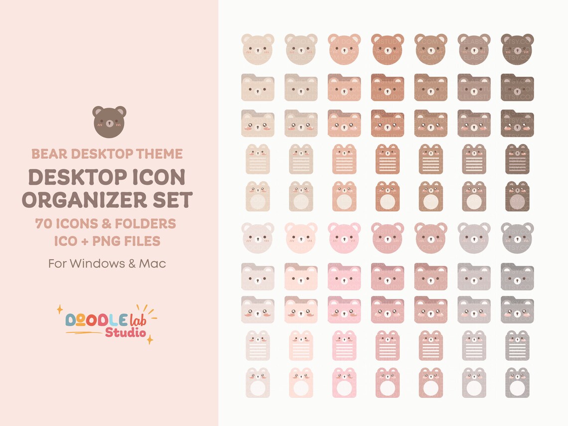 Cute Bear Theme Desktop Folder Icons | for Window and Mac | Beige ...