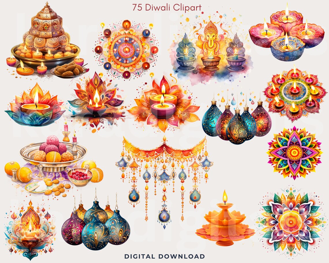 Diwali Clipart, Watercolor Digital Clip Art, Deepavali Elements ...