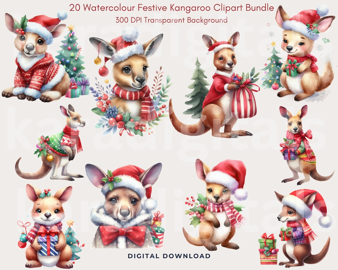 Kangaroo Christmas Clipart Bundle, Australian Holiday Kanga ...