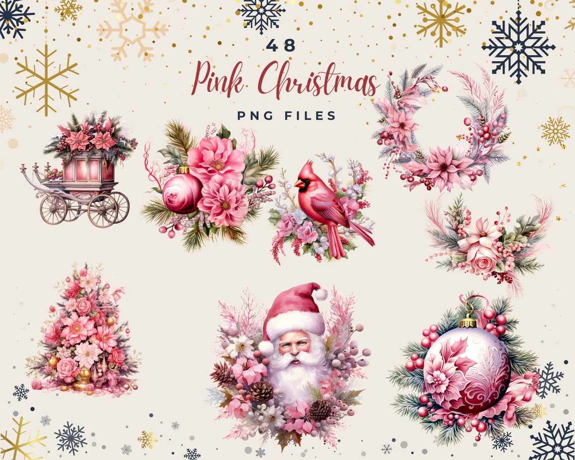 Pink Christmas Clipart, Watercolor Vintage Holiday Clip Art, Christmas ...