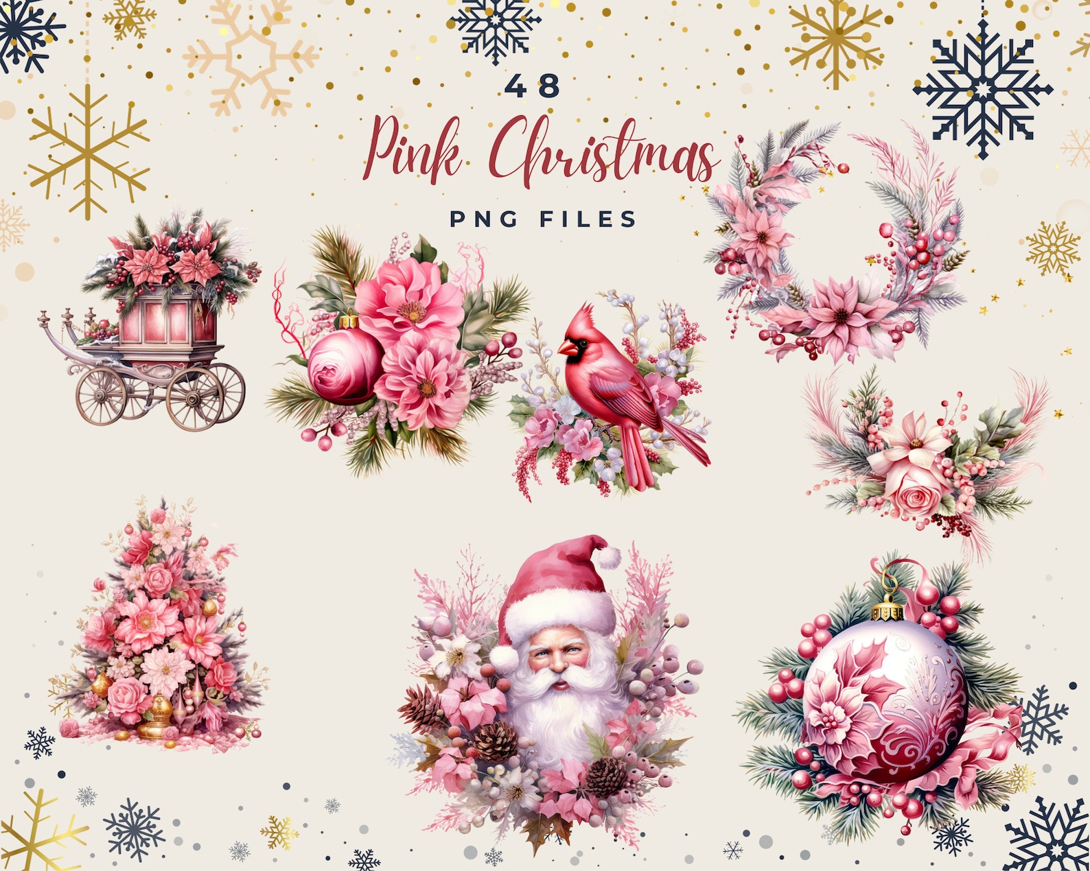 Pink Christmas Clipart, Watercolor Vintage Holiday Clip Art, Christmas ...
