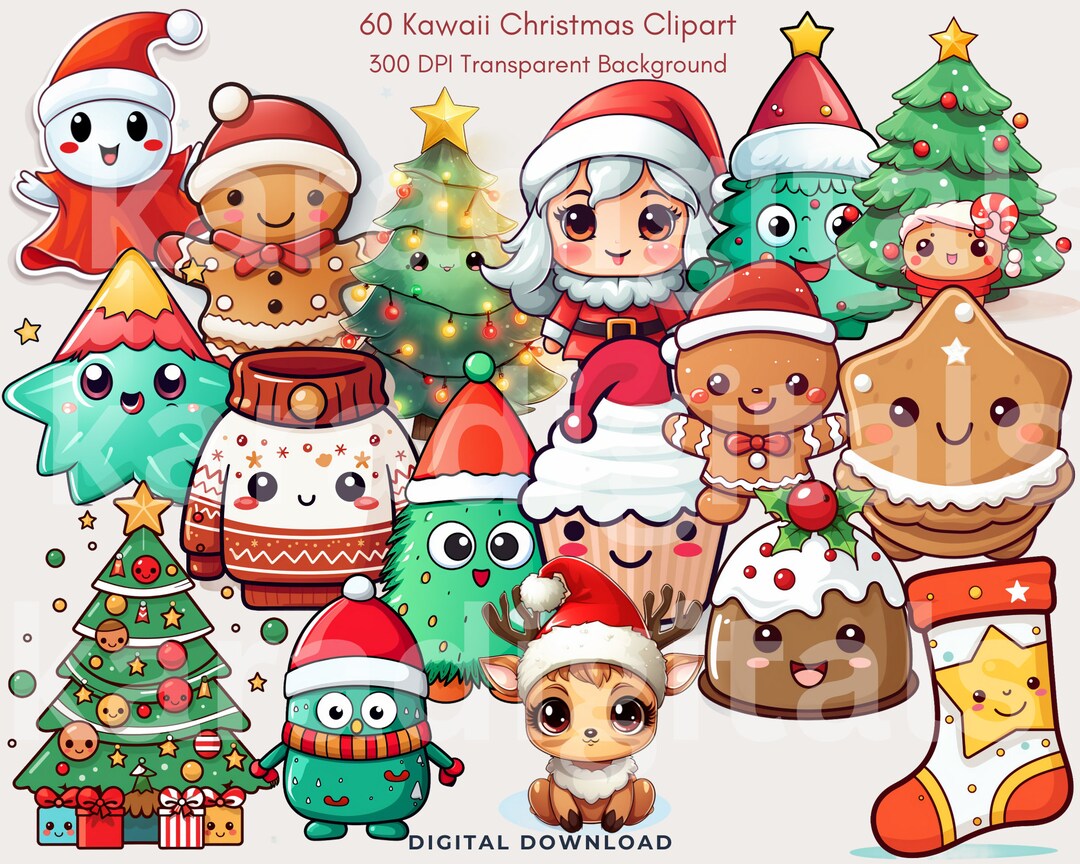 Kawaii Christmas Clipart, 60 PNG Files, Bundle Christmas Clipart ...
