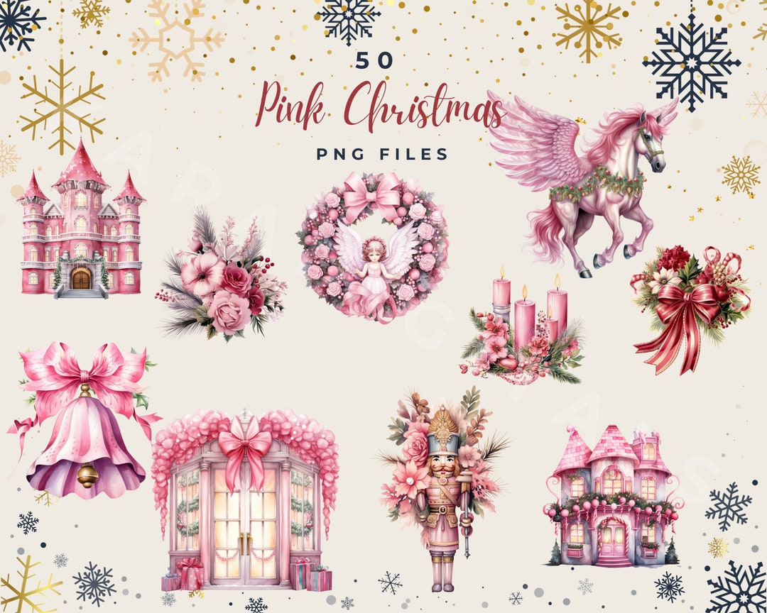 Pink Christmas Clipart, Watercolor Vintage Holiday Clip Art, Christmas ...