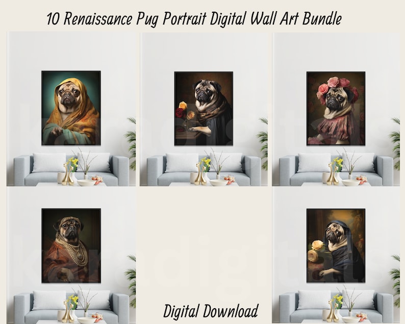 10 Renaissance Pug Wall Art Bundle Instant Digital Download, Classical ...