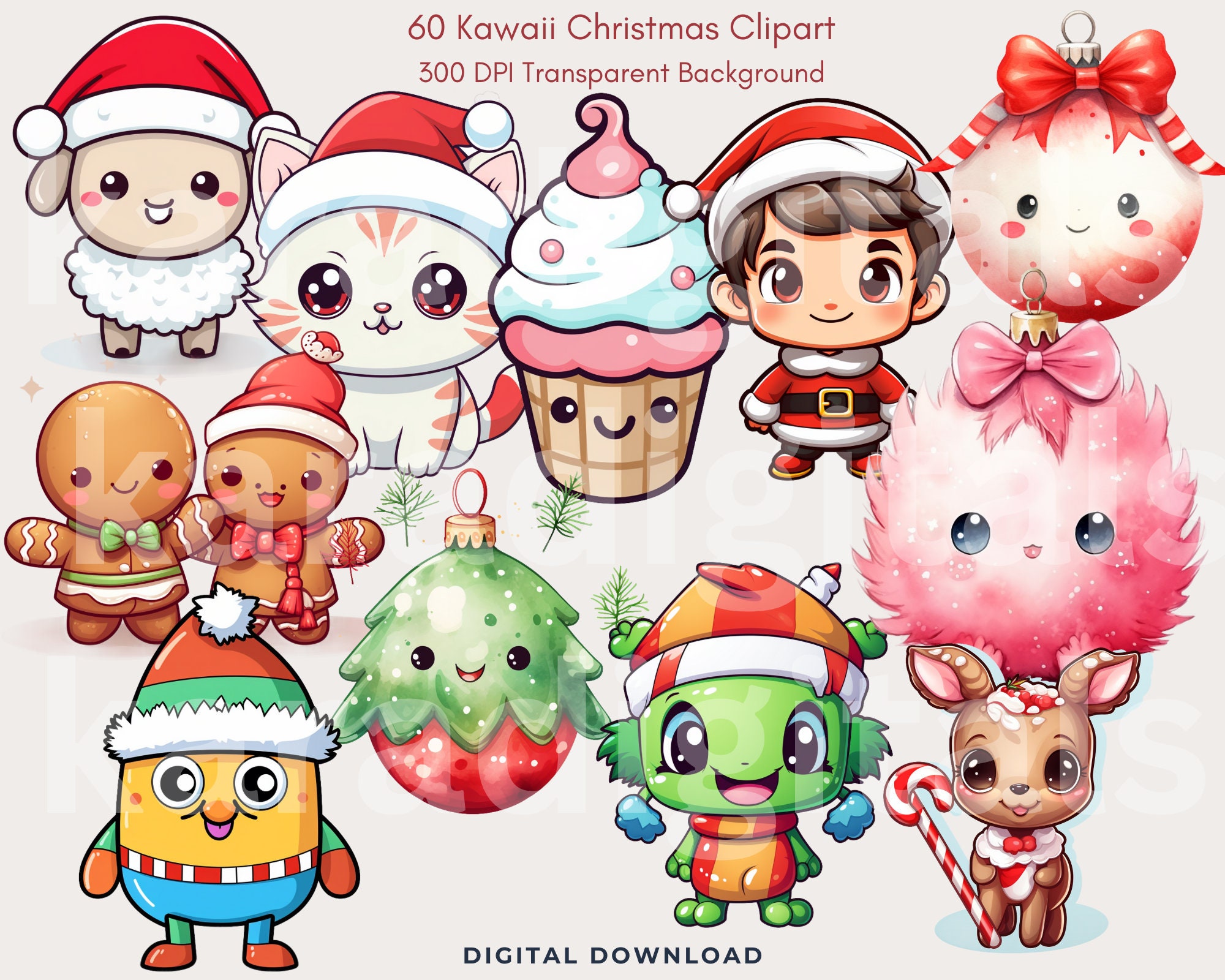 Kawaii Christmas Clipart, 60 PNG Files, Bundle Christmas Clipart ...