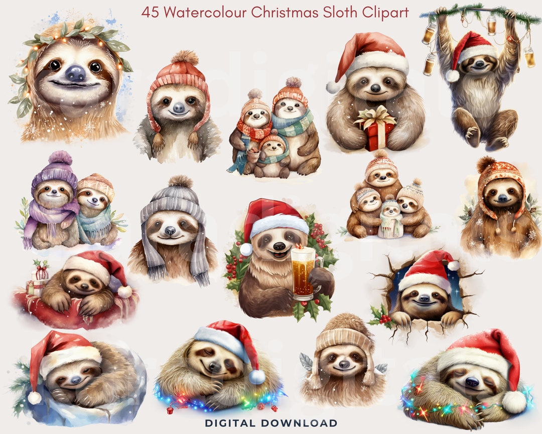 Christmas Sloth Clipart PNG, Holiday Animal Bundle, Transparent ...