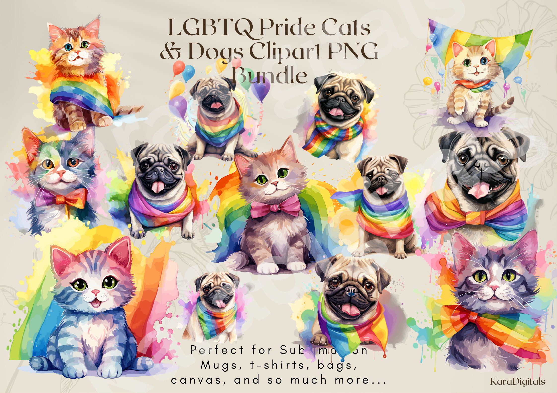 13 Watercolour LGBTQ Pride Animals, Pride Cat and Dog Mug Design PNG ...