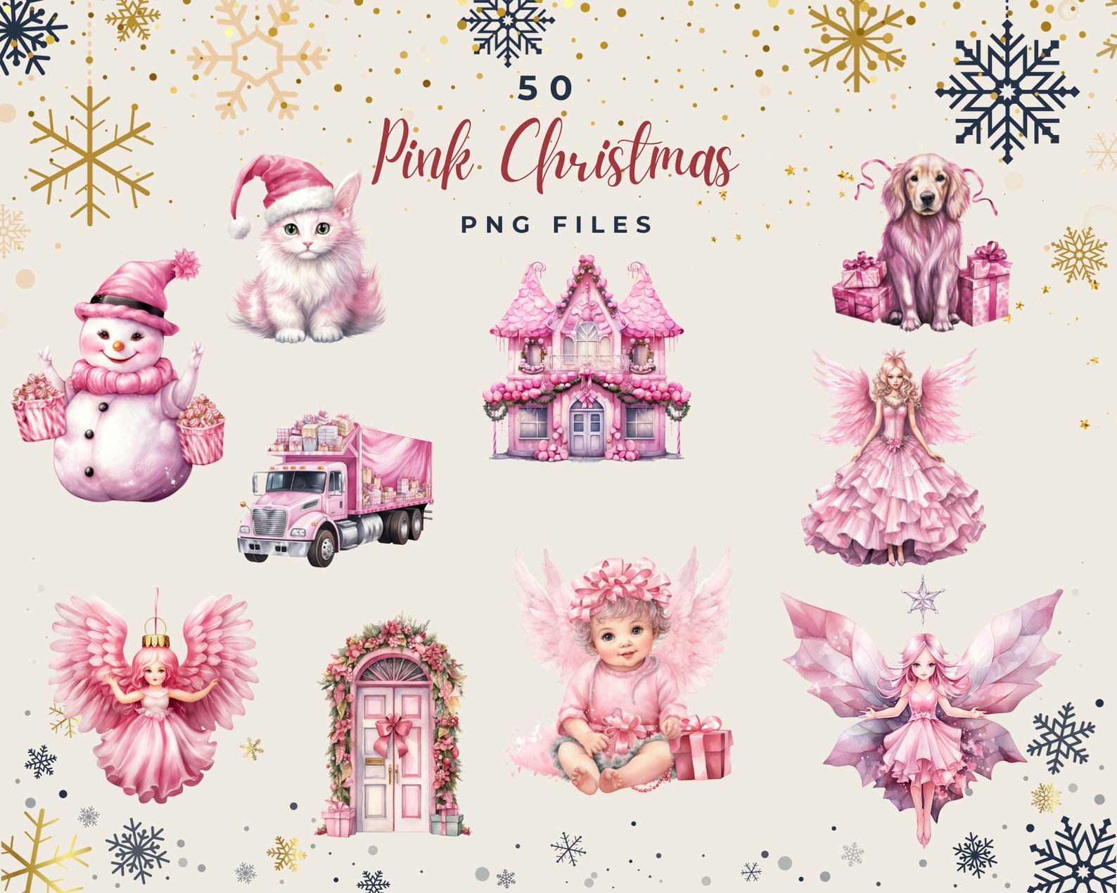 Pink Christmas Clipart, Watercolor Vintage Holiday Clip Art, Christmas ...