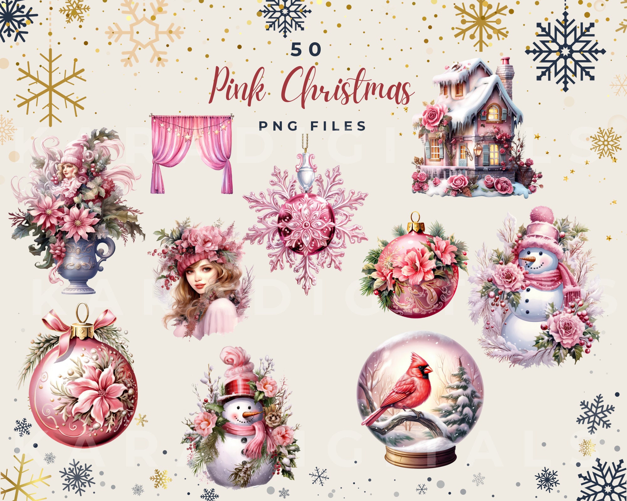 Pink Christmas Clipart, Watercolor Vintage Holiday Clip Art, Christmas ...