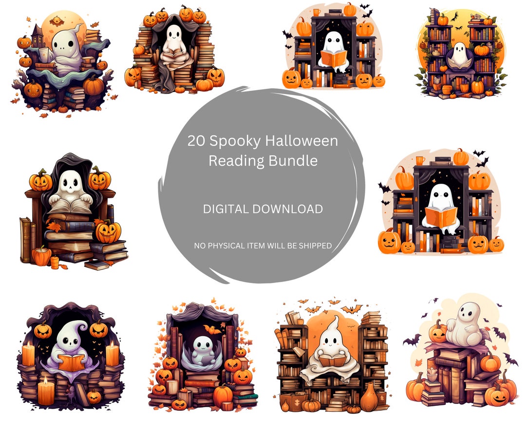 Spooky Halloween Clip Art Bundle, Ghost Reading Sublimation PNG Digital ...