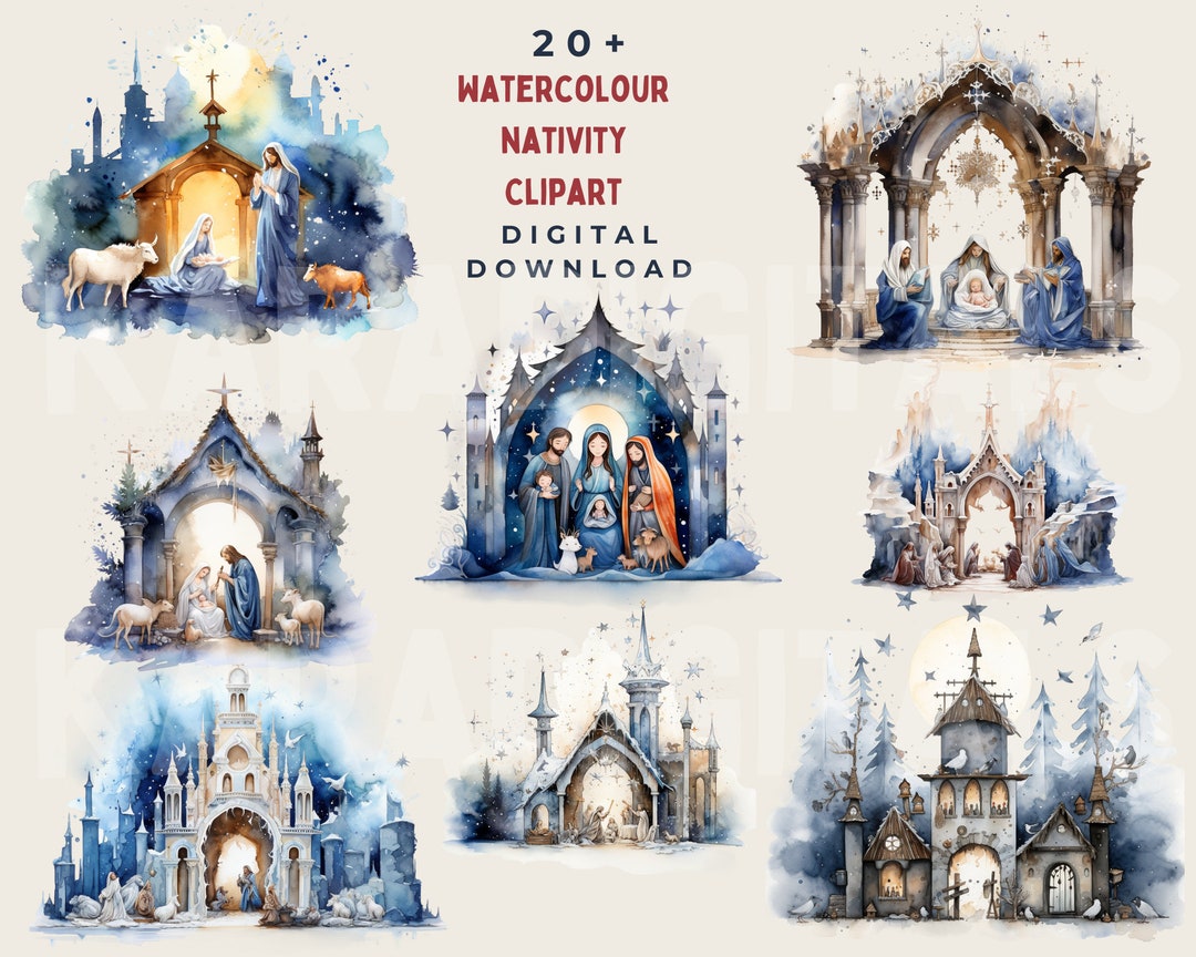 Watercolour Nativity Clip Art, Watercolor Nativity Scene, Mary and ...