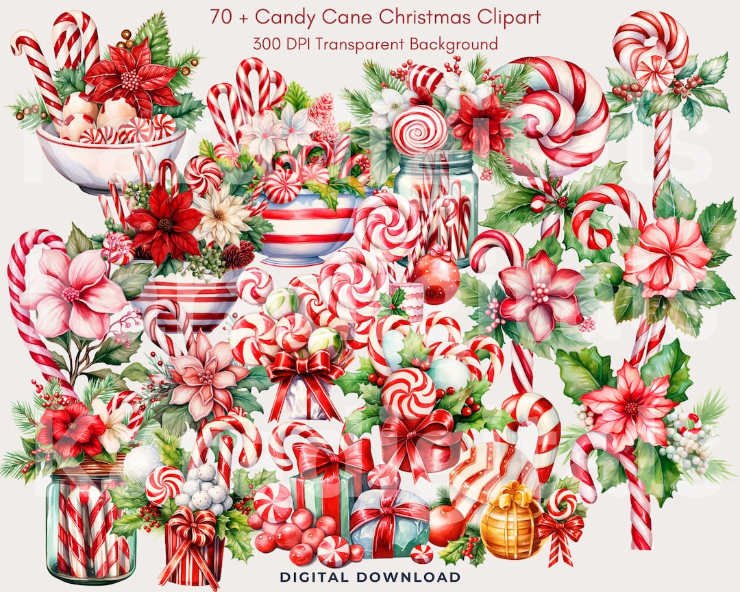 Watercolour Candy Cane Clipart, 70 PNG Files, Christmas Clipart ...