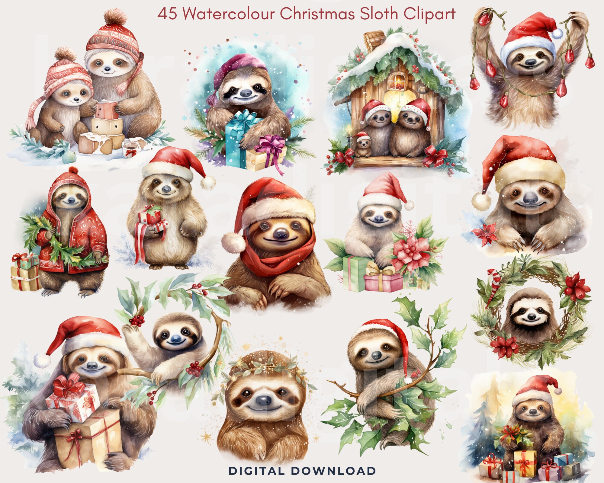 Christmas Sloth Clipart PNG, Holiday Animal Bundle, Transparent ...
