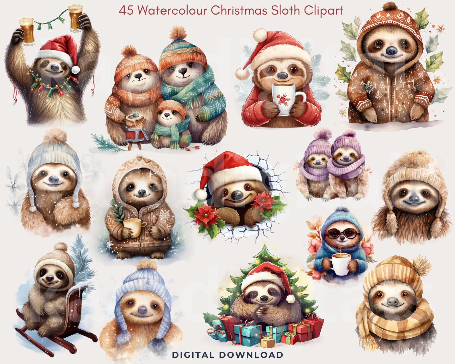 Christmas Sloth Clipart PNG, Holiday Animal Bundle, Transparent ...