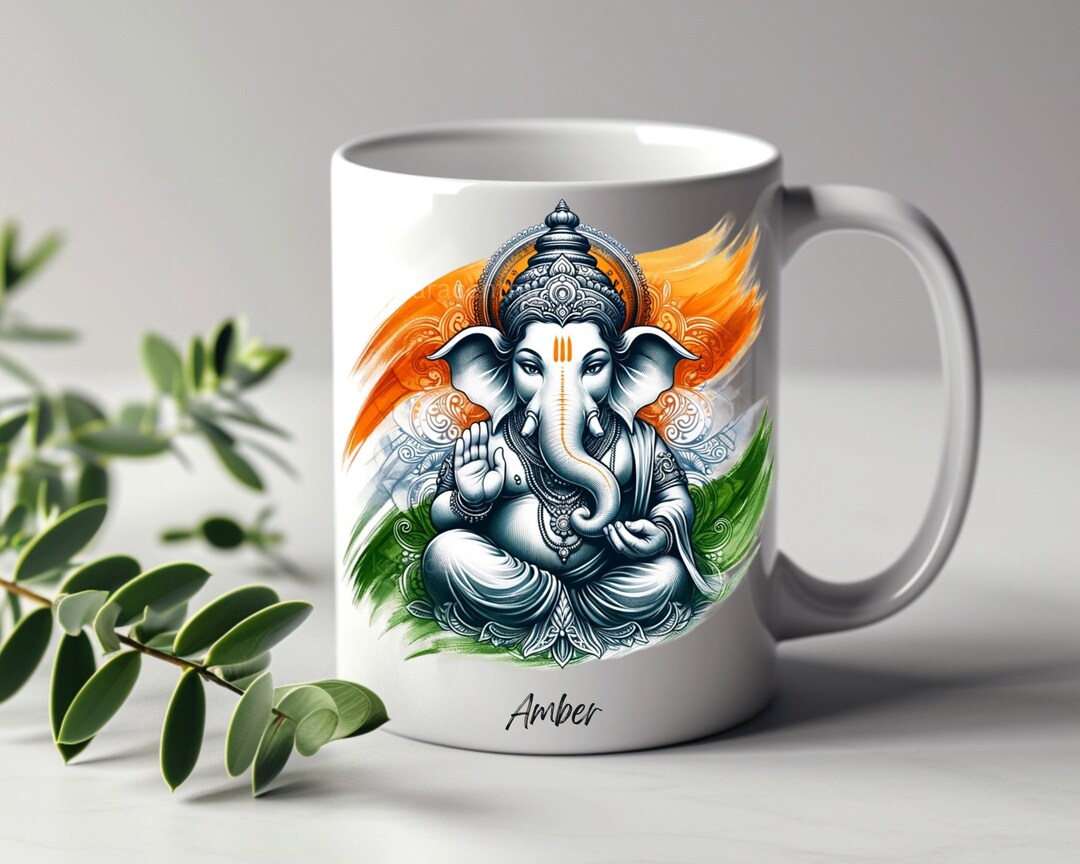 Lord Ganesha Mug, Ganesha Indian Flag Coffee Tea Cup, Perosnalised ...