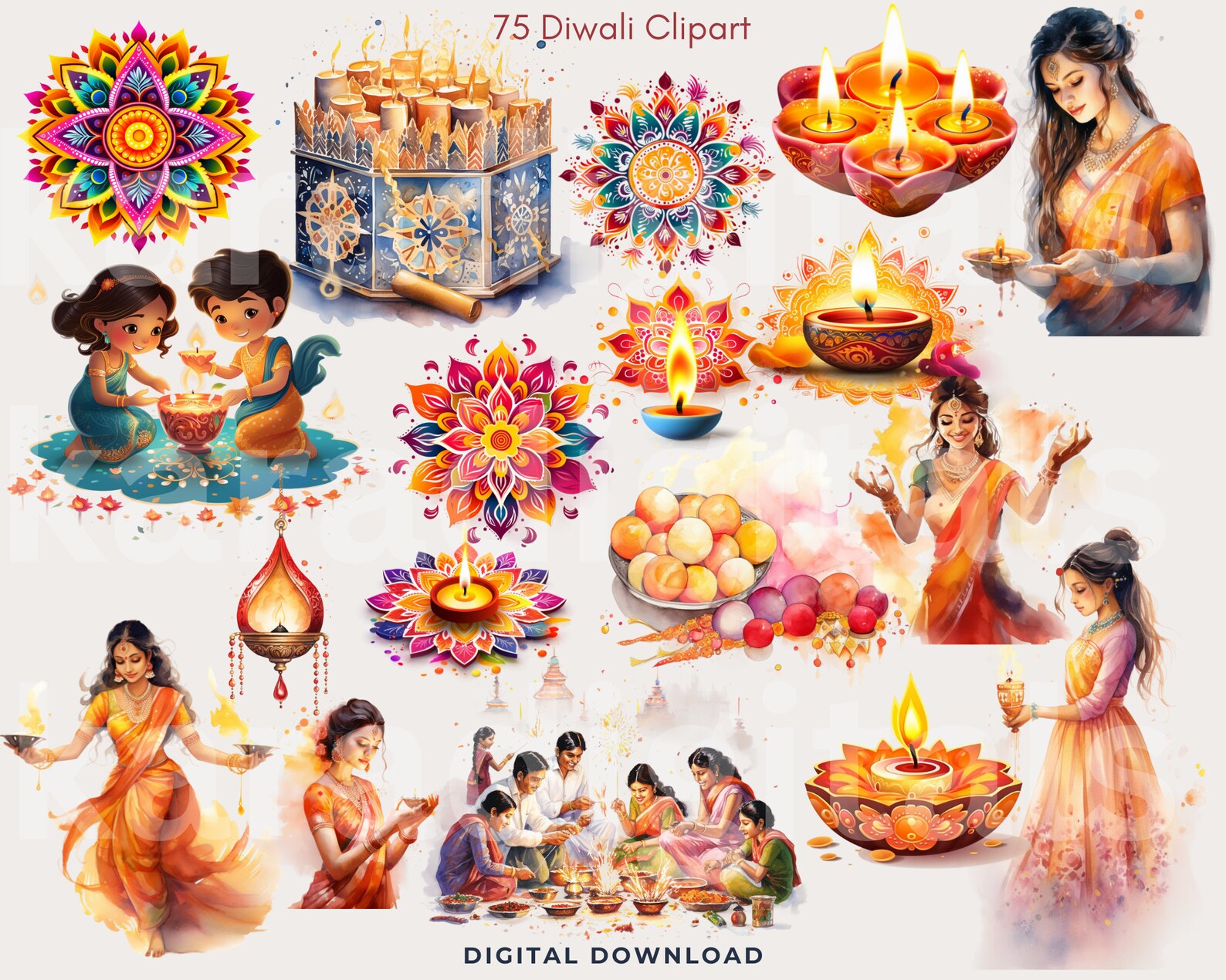 Diwali Clipart, Watercolor Digital Clip Art, Deepavali Elements ...
