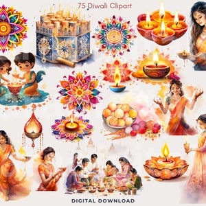 Diwali Clipart, Watercolor Digital Clip Art, Deepavali Elements ...