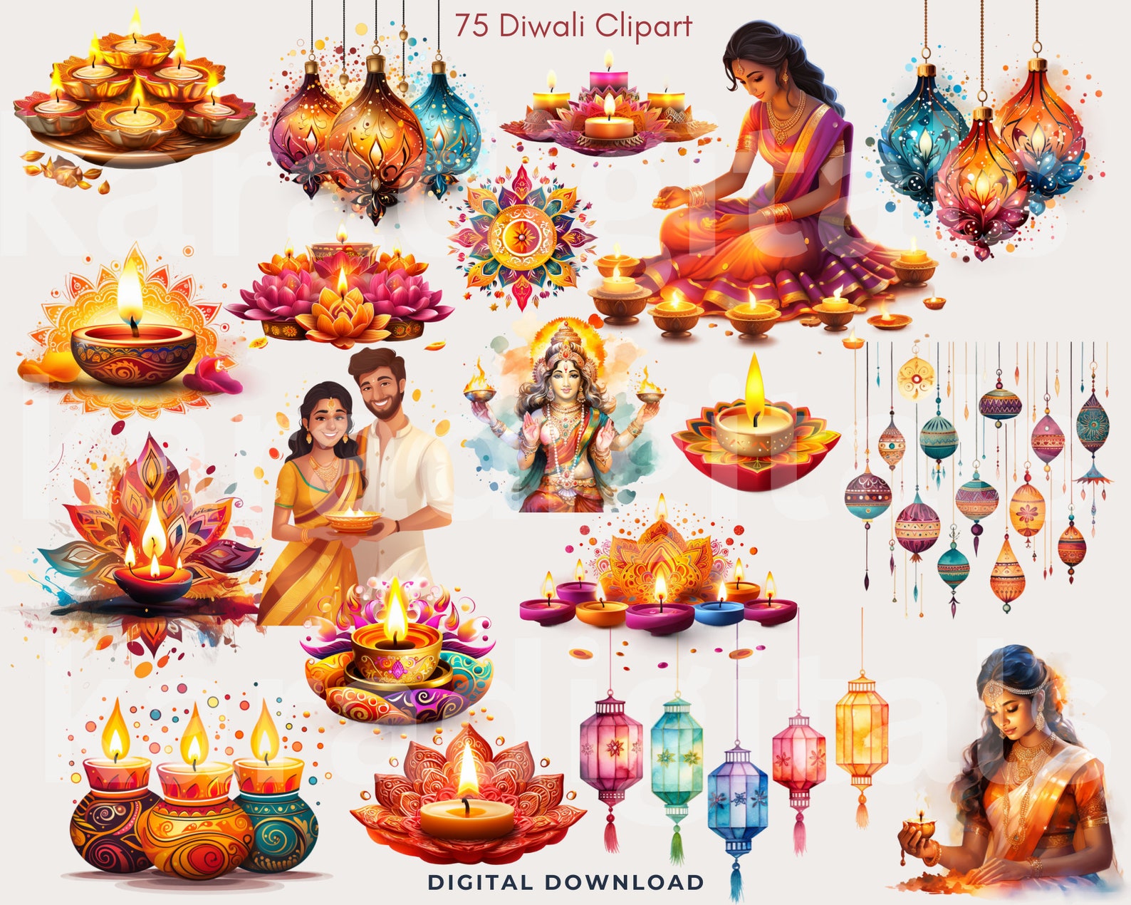 Diwali Clipart, Watercolor Digital Clip Art, Deepavali Elements ...