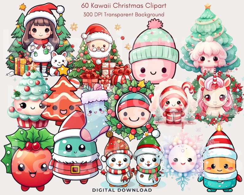Kawaii Christmas Clipart, 60 PNG Files, Bundle Christmas Clipart ...