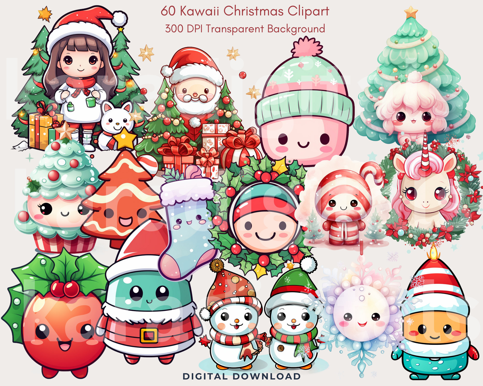 Kawaii Christmas Clipart, 60 PNG Files, Bundle Christmas Clipart ...
