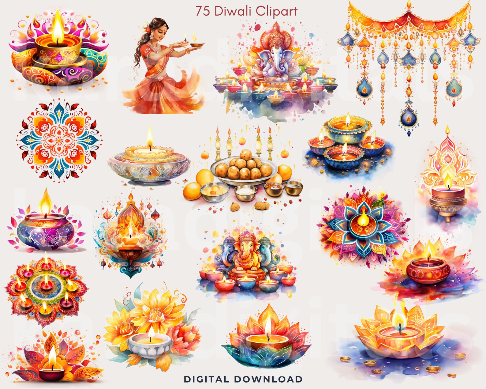 Diwali Clipart, Watercolor Digital Clip Art, Deepavali Elements ...