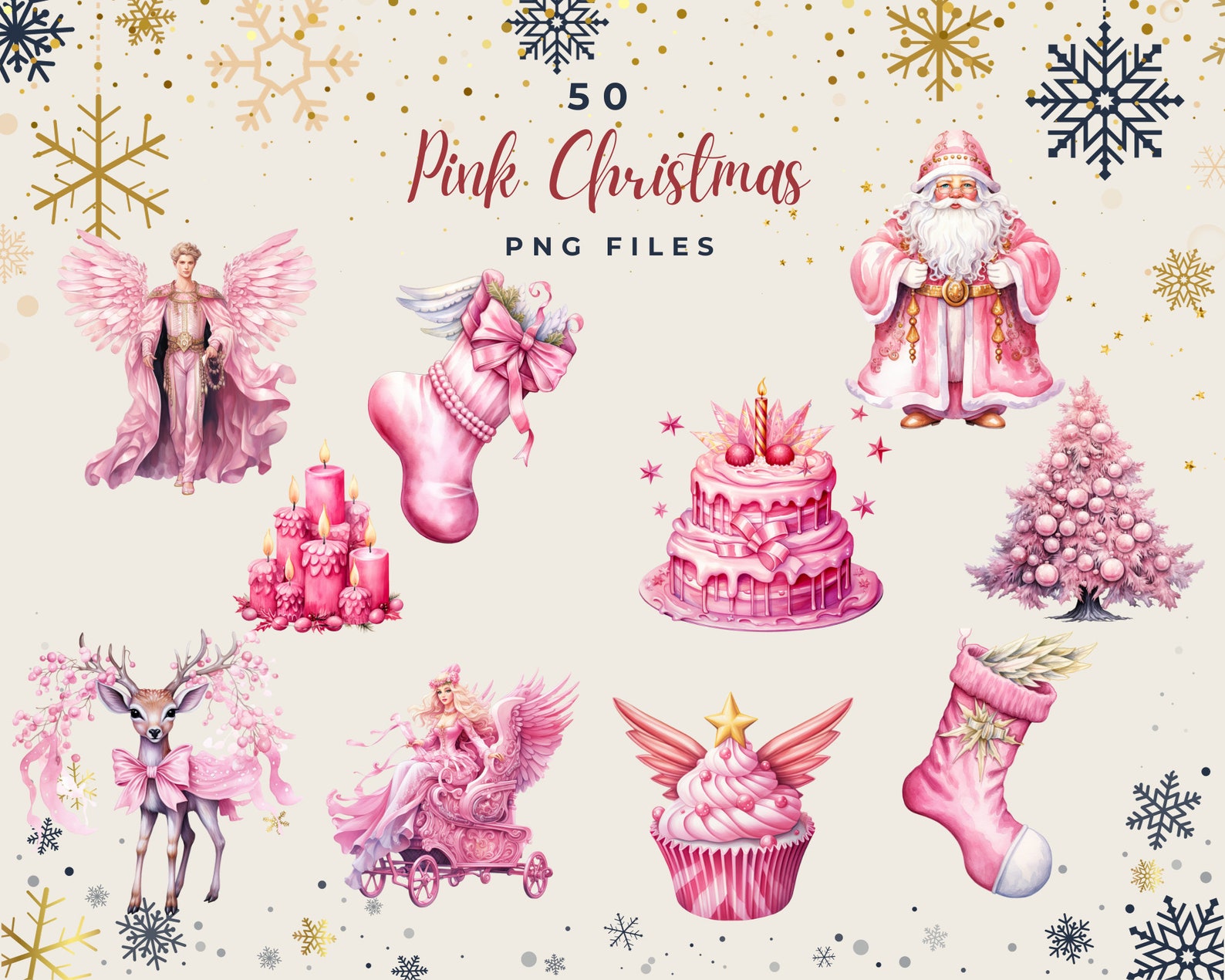 Pink Christmas Clipart, Watercolor Vintage Holiday Clip Art, Christmas ...